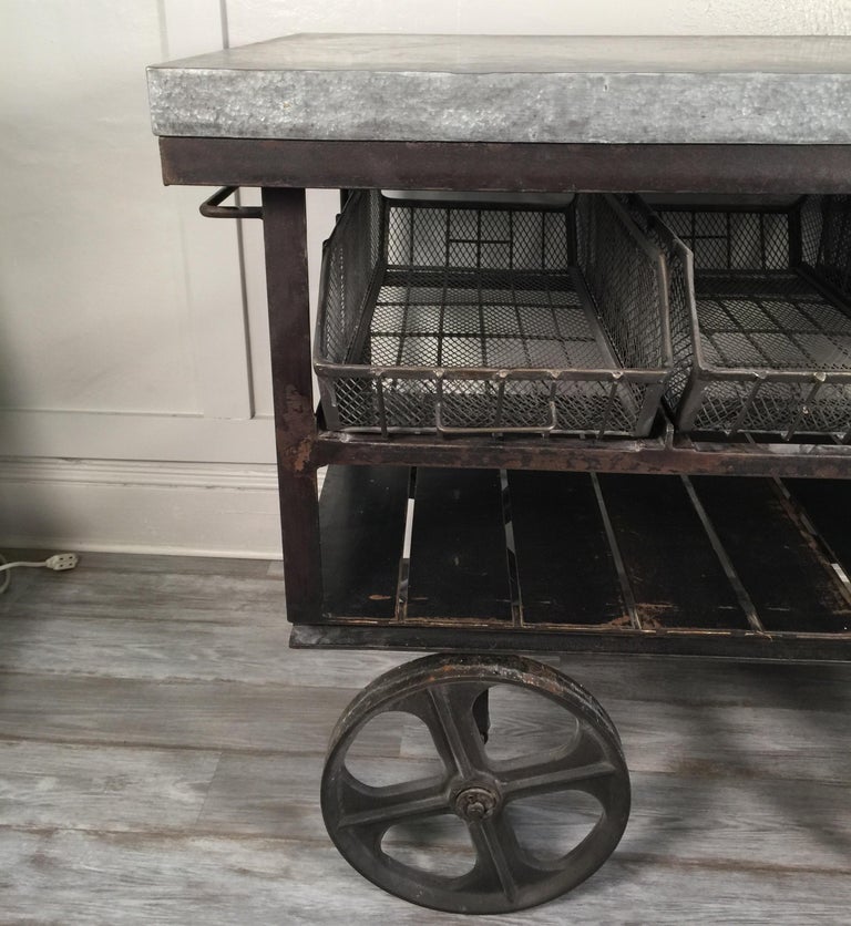 Vintage Industrial Iron Cart with Wire Storage Baskets and Shelves ...