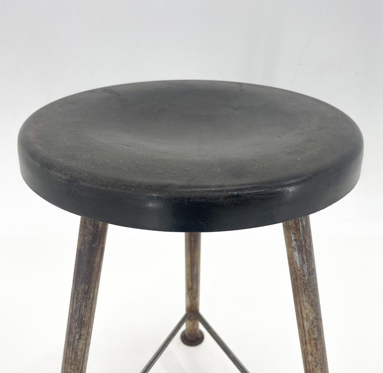 Vintage Industrial Iron Tripod Stool with Original Plastic Seat, 1950s ...