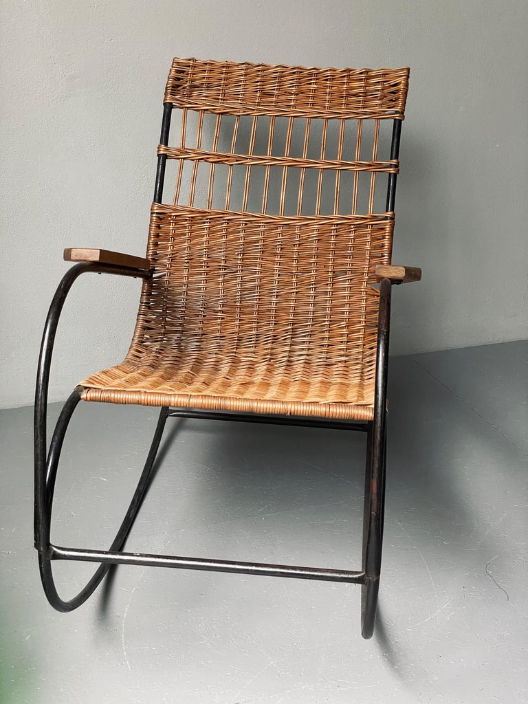 Industrial Iron and Wicker Rocking Chair with Vintage Linen Cushion ...