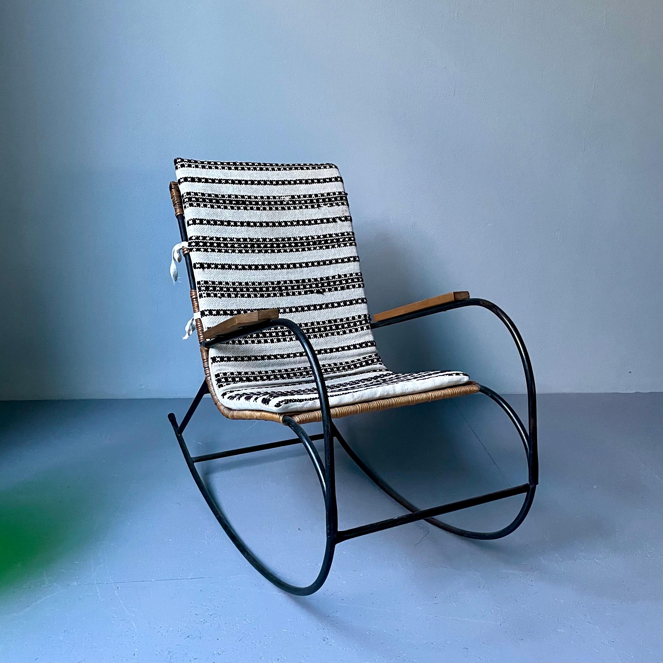 Industrial Iron and Wicker Rocking Chair with Vintage Linen Cushion ...