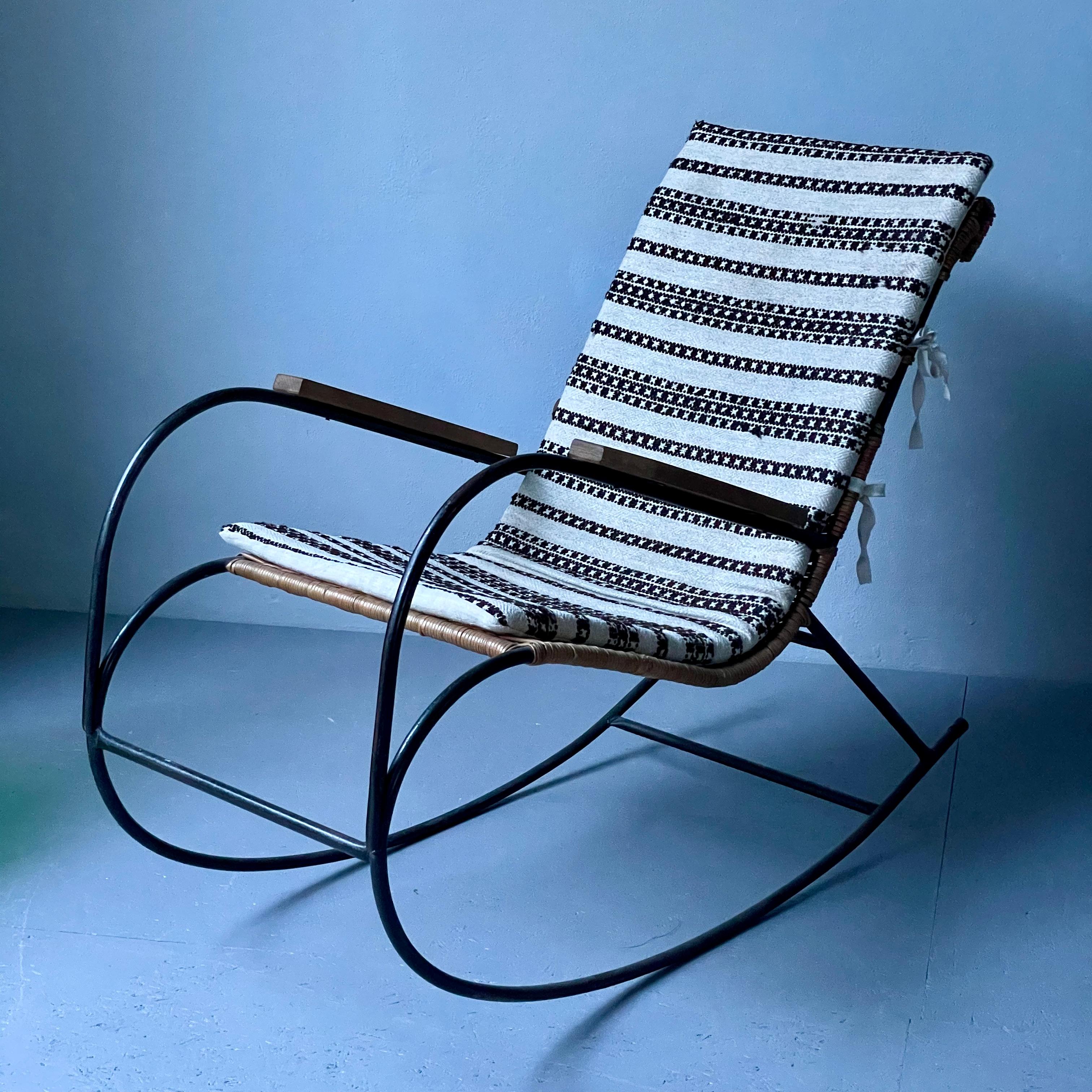 Industrial Iron and Wicker Rocking Chair with Vintage Linen Cushion ...