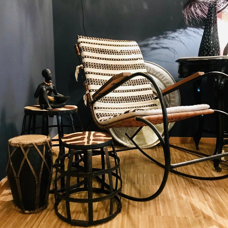 Industrial Iron and Wicker Rocking Chair with Vintage Linen Cushion ...