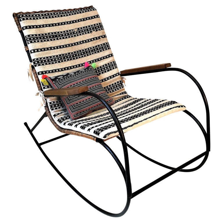 Industrial Iron and Wicker Rocking Chair with Vintage Linen Cushion ...