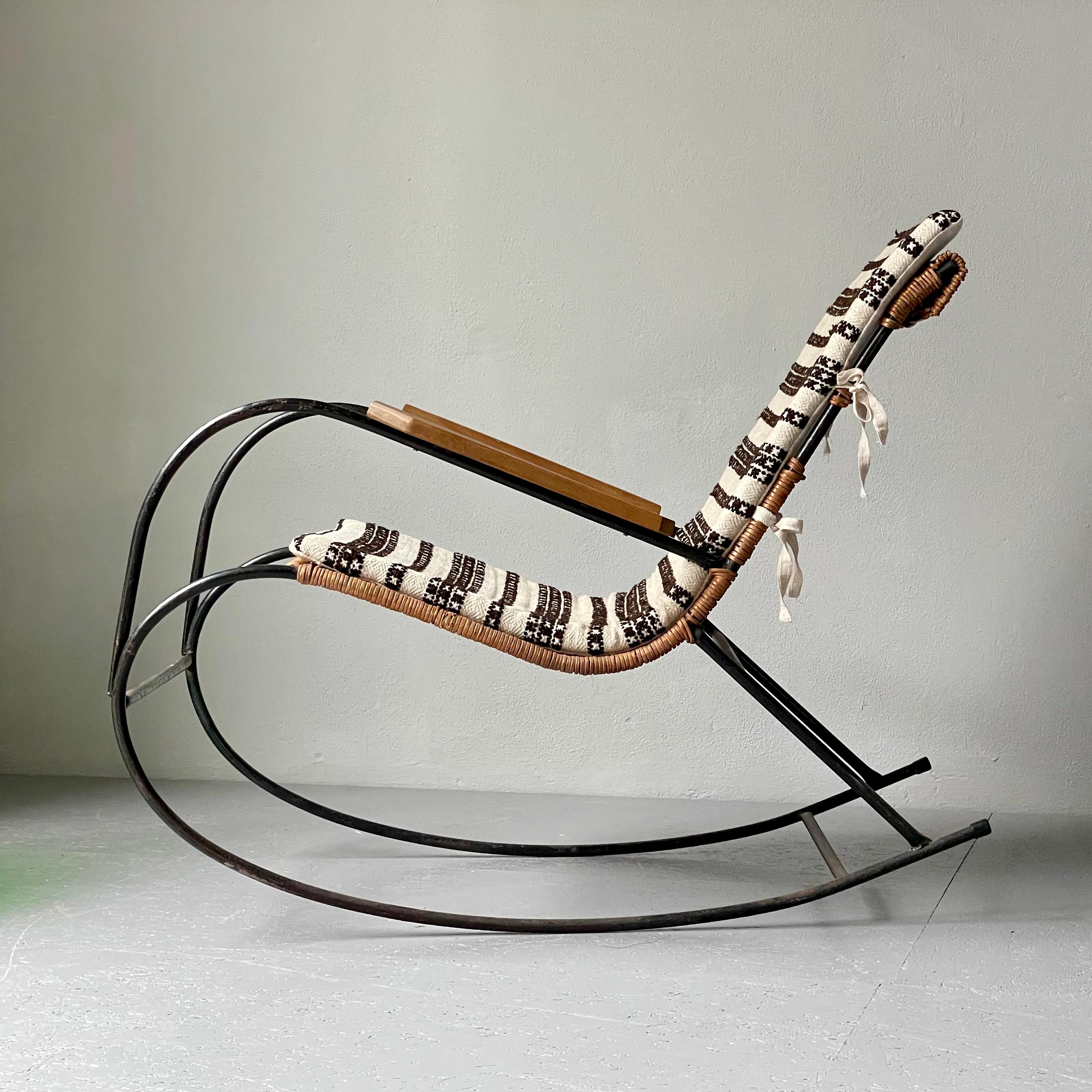 Industrial Iron and Wicker Rocking Chair with Vintage Linen Cushion ...