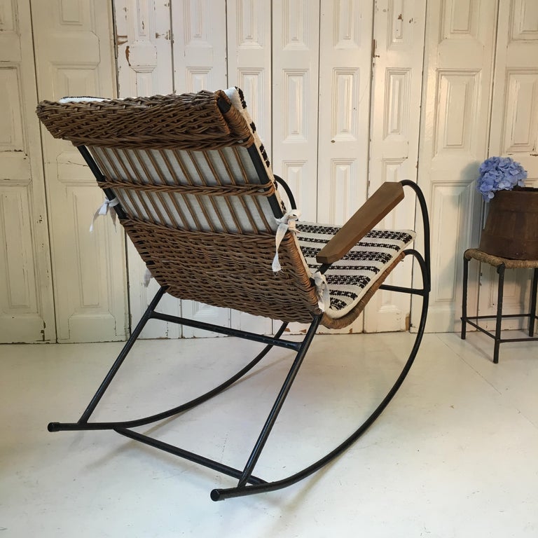 Industrial Iron and Wicker Rocking Chair with Vintage Linen Cushion ...