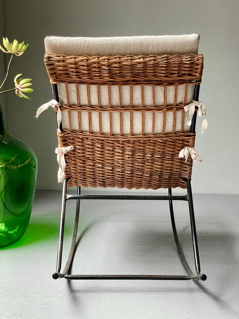 Industrial Iron and Wicker Rocking Chair with Vintage Linen Cushion ...