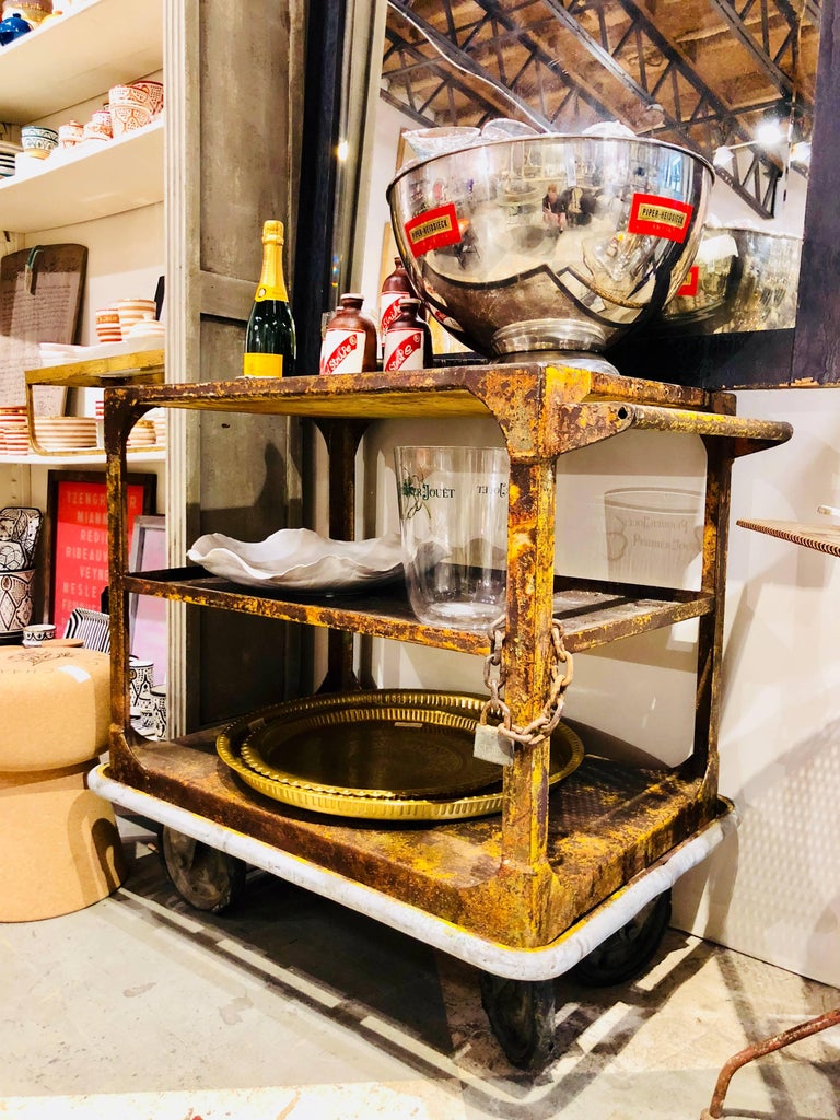 Vintage Industrial Metal Bar Cart with Chain and Lock at 1stDibs