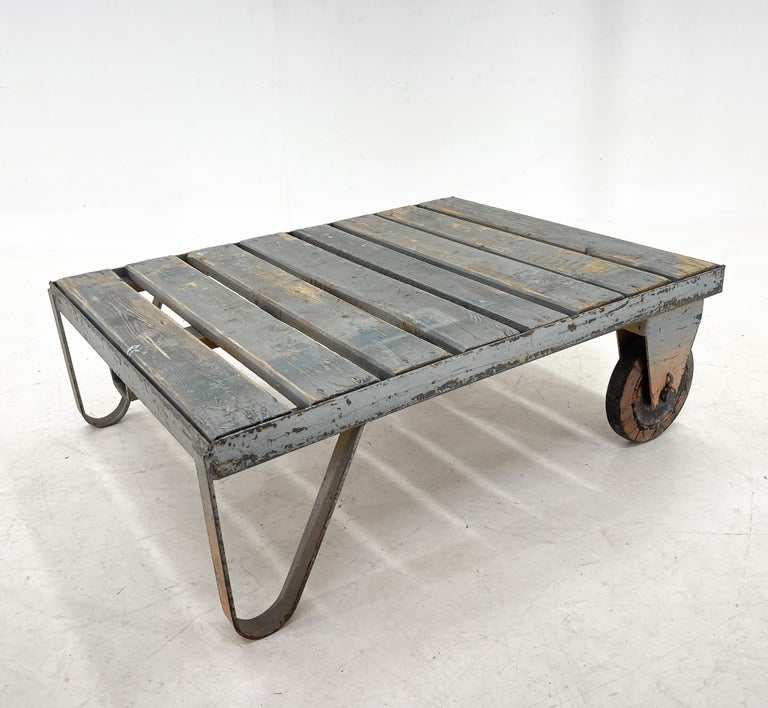 Vintage Industrial Metal and Wood Coffee Table For Sale at 1stDibs