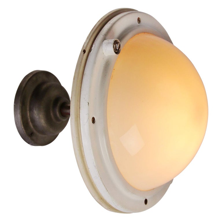 Vintage Industrial Opaline Glass Cast Iron Wall Scones Lamps at 1stDibs