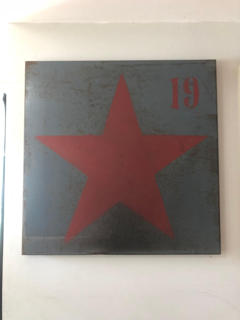 Vintage Industrial Red Star Metal Steel Wall Art Sign Panel For Sale at ...