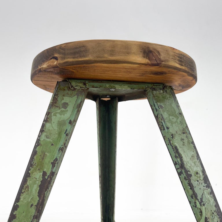 Vintage Industrial Steel and Wood Tripod Stool with Original Patina ...