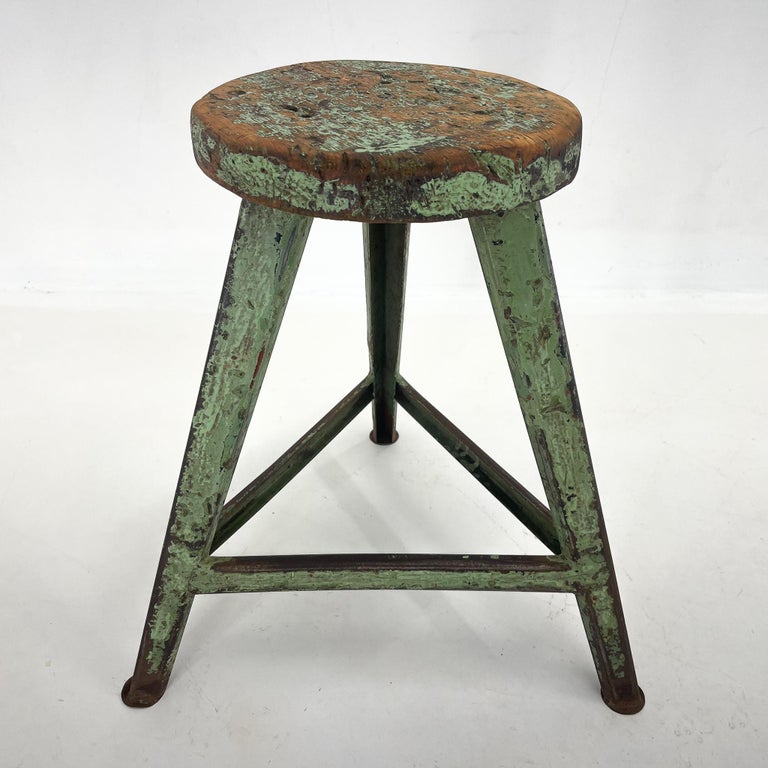 Vintage Industrial Steel and Wood Tripod Stool with Original Patina ...
