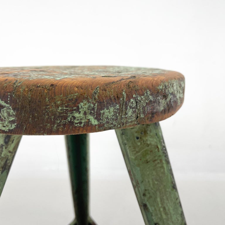 Vintage Industrial Steel and Wood Tripod Stool with Original Patina ...