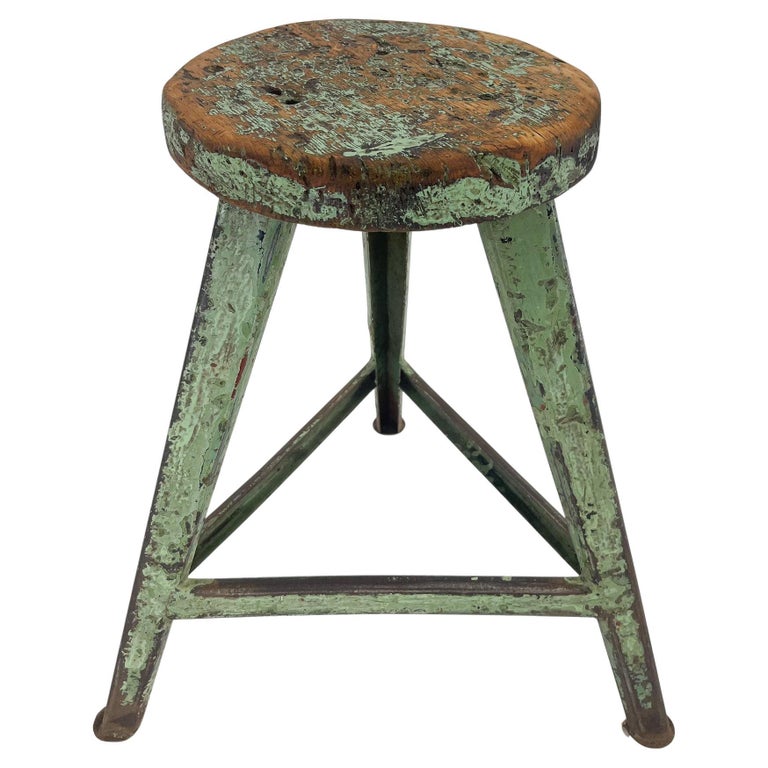 Vintage Industrial Steel and Wood Tripod Stool with Original Patina ...