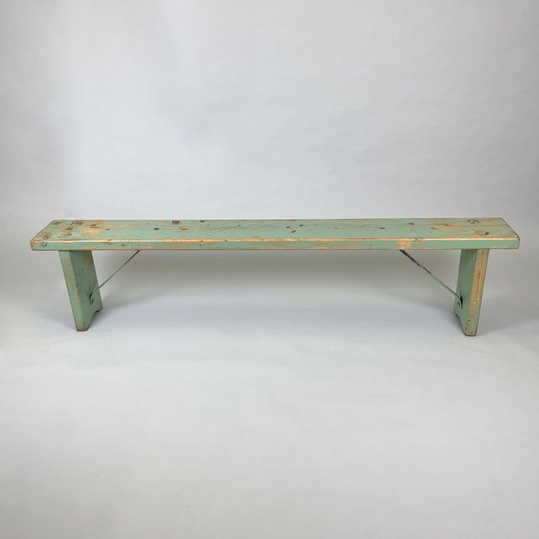Vintage Industrial Wooden Bench, Original Paint, 1930s For Sale at 1stDibs
