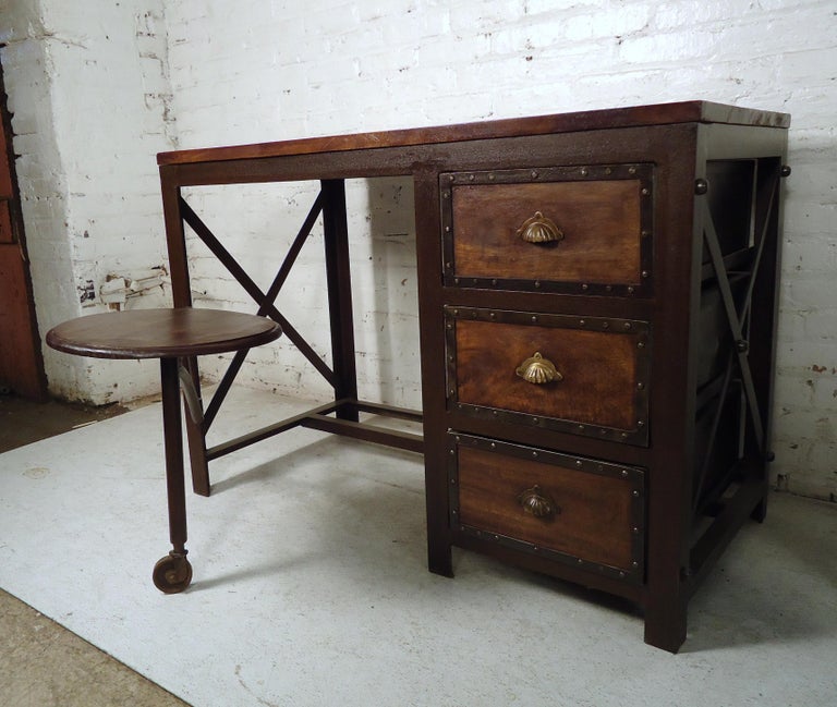 Vintage Industrial Writing Desk with Seat For Sale at 1stDibs