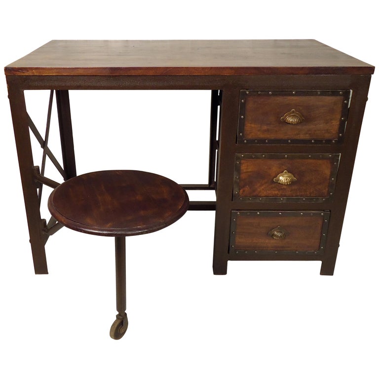 Vintage Industrial Writing Desk with Seat For Sale at 1stDibs