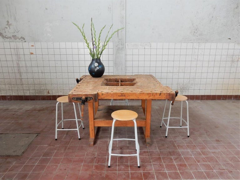 Vintage Industrial 4-Sided Workbench/Table by Nooitgedagt. at 1stDibs