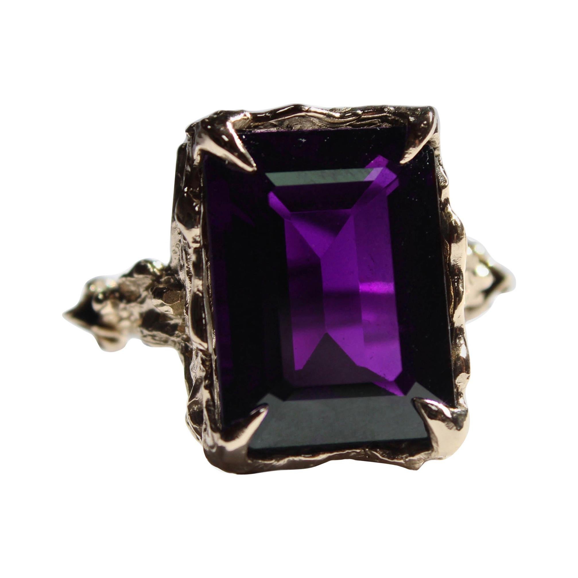 14 Karat Yellow Gold Emerald Cut Amethyst and Diamond Ring For Sale at ...