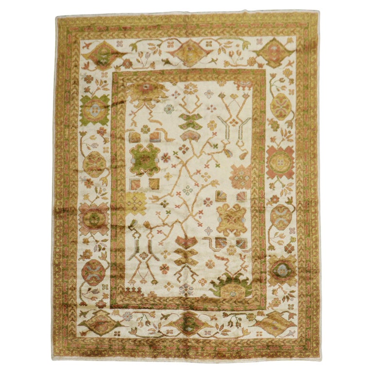 Vintage Inspired Angora Wool Ivory Oushak Rug For Sale at 1stDibs