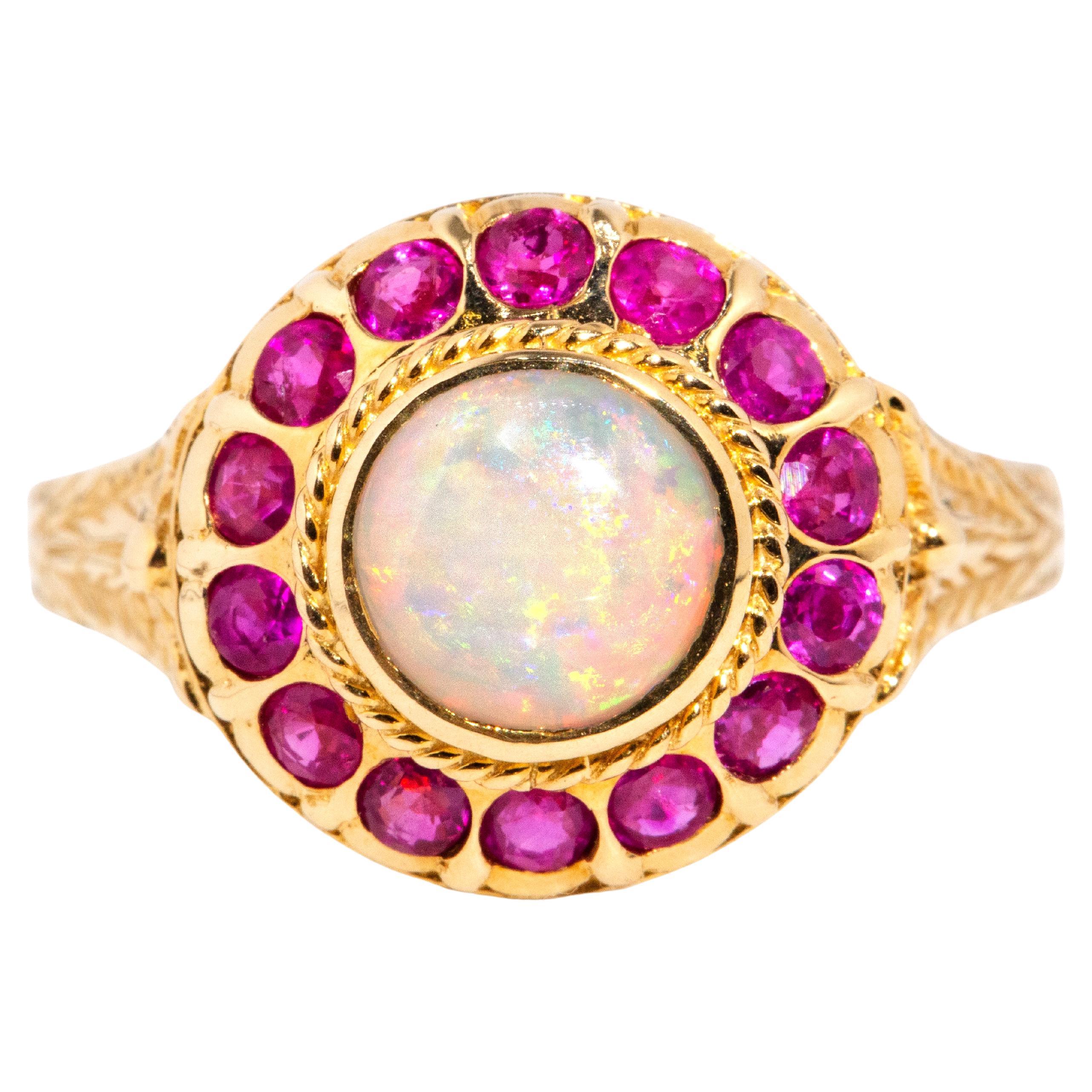 Vintage Inspired Australian Solid Round Opal and Red Ruby Ring 9 Carat ...