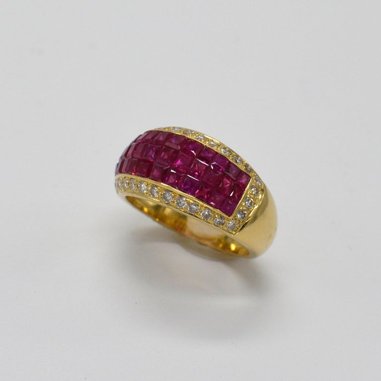 Vintage Invisible Setting Ruby Ring and Diamonds 18 Karat Yellow Gold ...