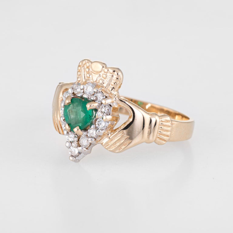 Vintage Irish Claddagh Ring Emerald Diamond 14 Karat Gold Love Jewelry ...
