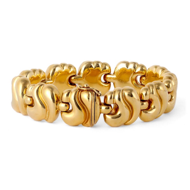 Vintage Italian 18k Yellow Gold Wave Link Bracelet For Sale at 1stDibs