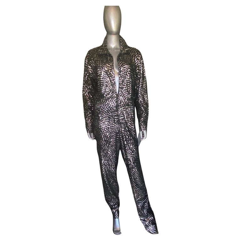 Vintage Italian Black Leather and Silver Metallic Glam Print Jumpsuit ...
