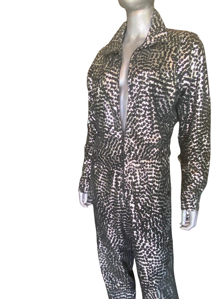 Vintage Italian Black Leather and Silver Metallic Glam Print Jumpsuit ...