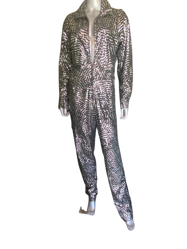 Vintage Italian Black Leather and Silver Metallic Glam Print Jumpsuit ...