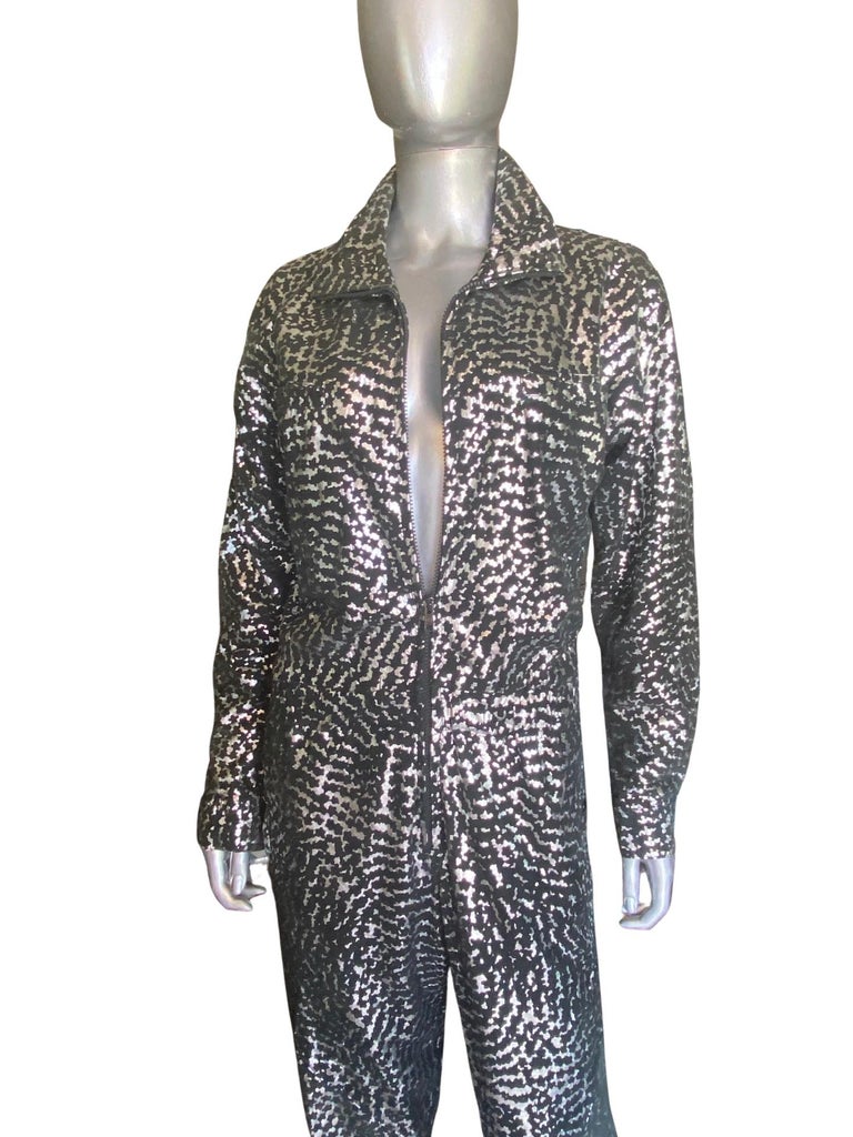 Vintage Italian Black Leather and Silver Metallic Glam Print Jumpsuit ...