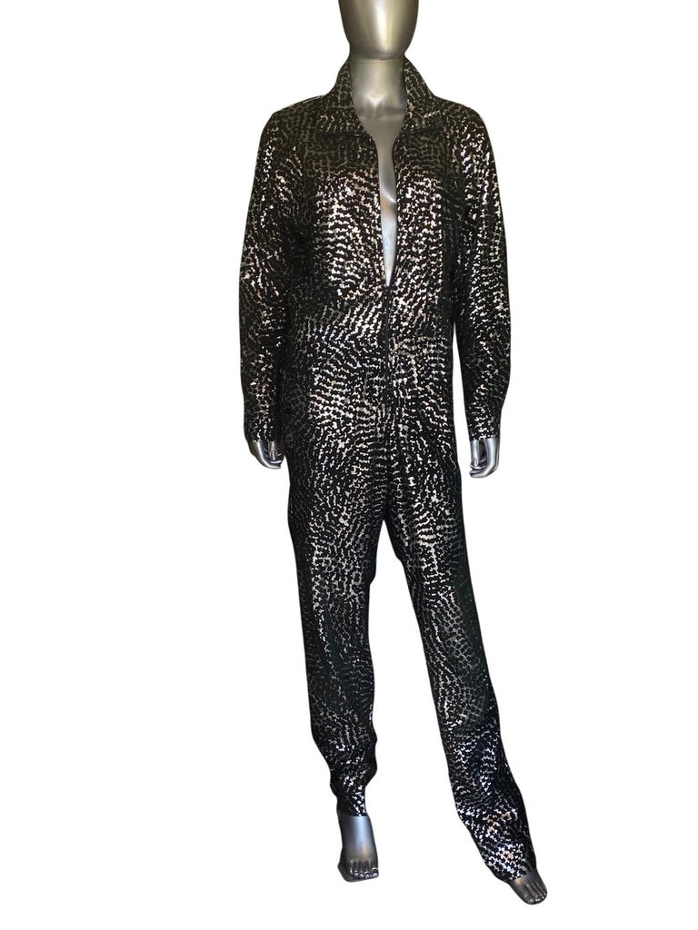 Vintage Italian Black Leather and Silver Metallic Glam Print Jumpsuit ...