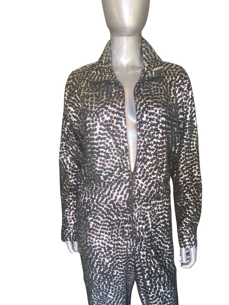 Vintage Italian Black Leather and Silver Metallic Glam Print Jumpsuit ...