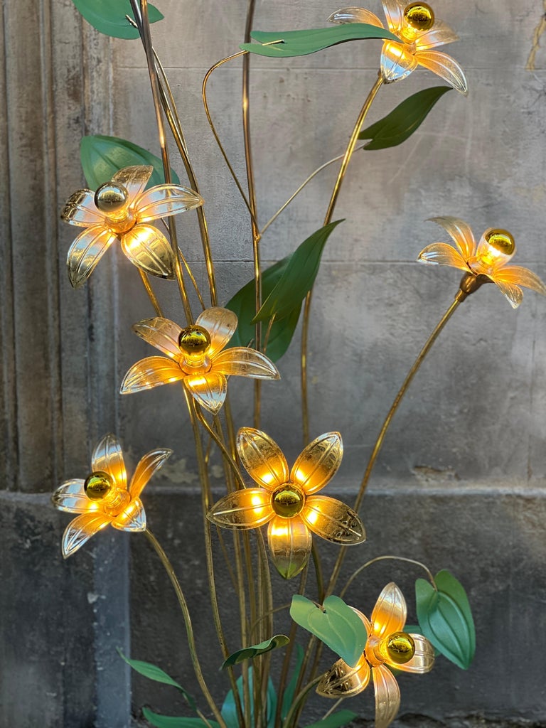 Vintage Italian Brass and Green Lacquered Floral Plant Floor Lamp ...