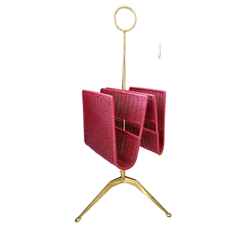 Vintage Italian Brass and Wicker Magazine Stand, Style of Ponti at 1stDibs
