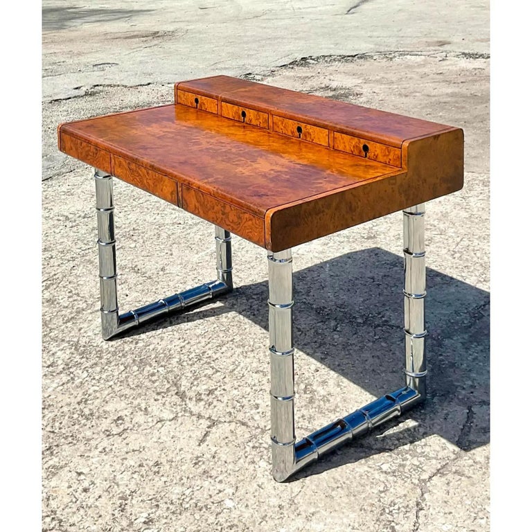 Vintage Italian Burl Wood and Chrome Writing Desk at 1stDibs