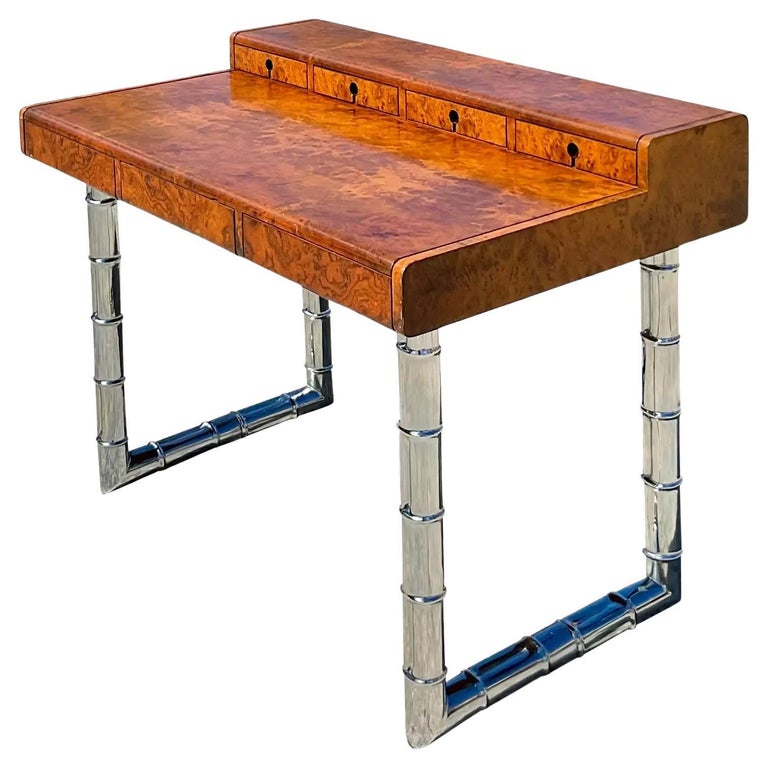 Vintage Italian Burl Wood and Chrome Writing Desk at 1stDibs