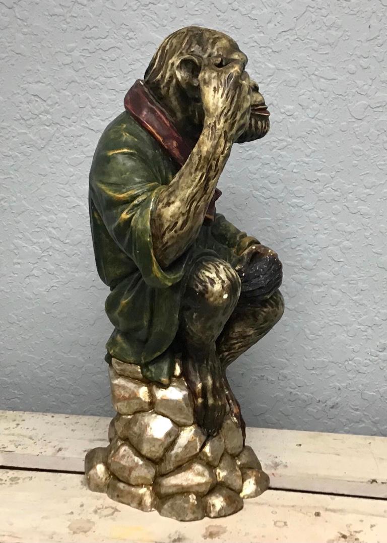 Vintage Italian Carved Wood Seated Monkey For Sale at 1stDibs