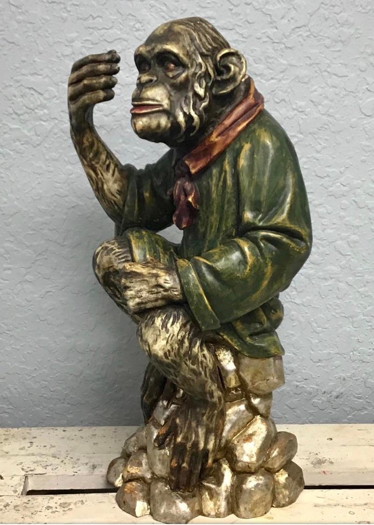 Vintage Italian Carved Wood Seated Monkey For Sale at 1stDibs