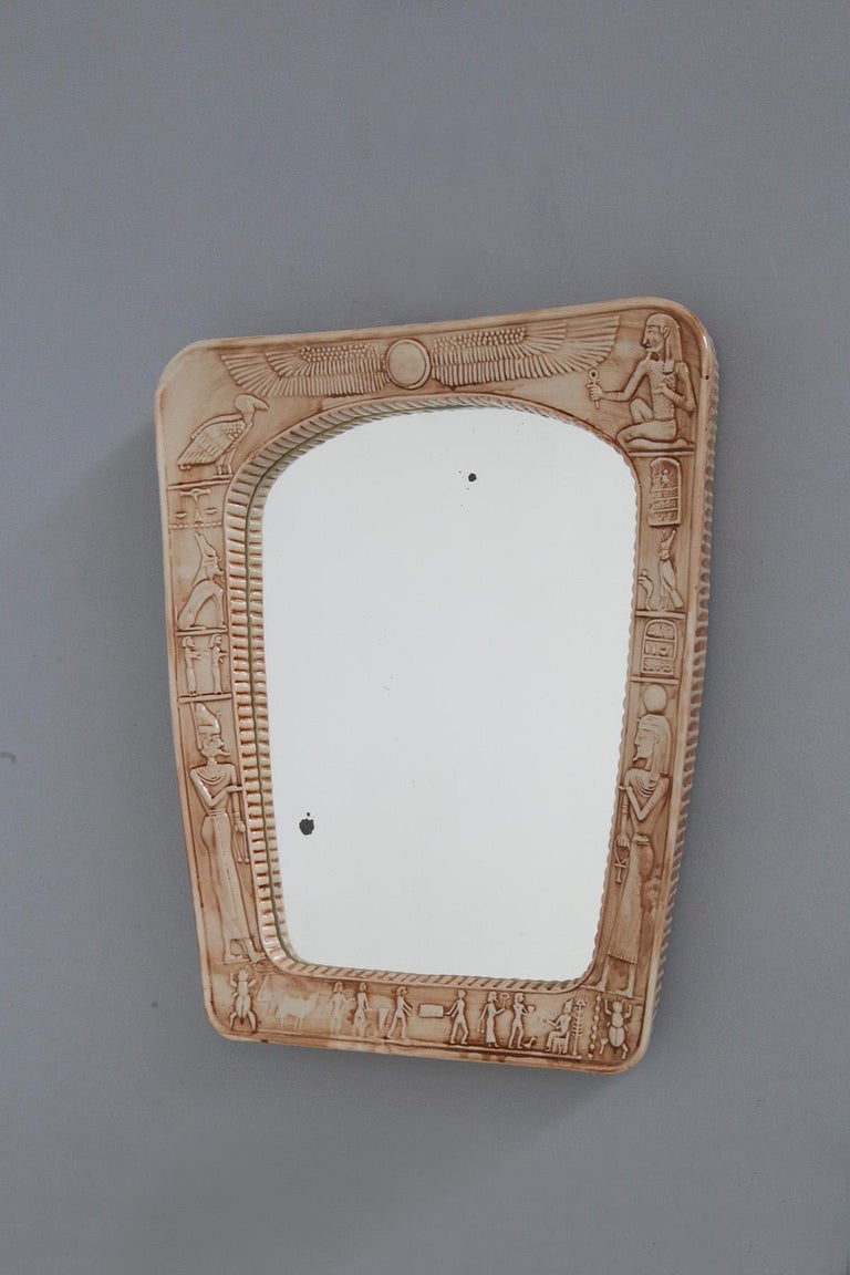 Vintage Italian Ceramic Mirror with Egyptian Graphics For Sale at 1stDibs