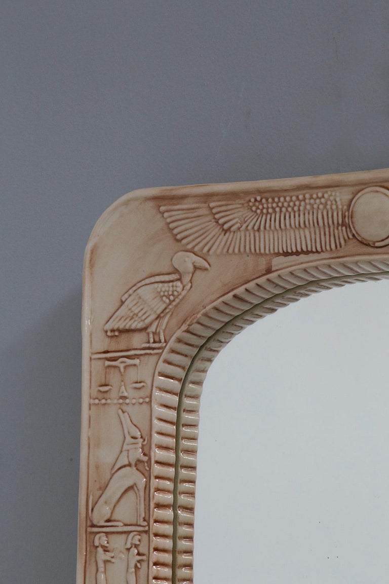 Vintage Italian Ceramic Mirror with Egyptian Graphics For Sale at 1stDibs