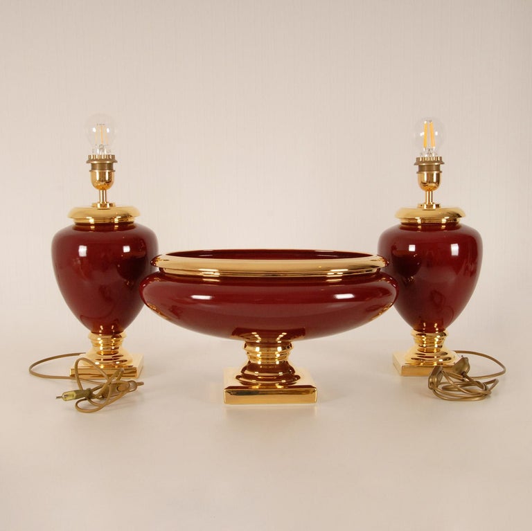 Vintage Italian Ceramic Ruby Burgundy Red Gold Tazza and Table Lamps ...