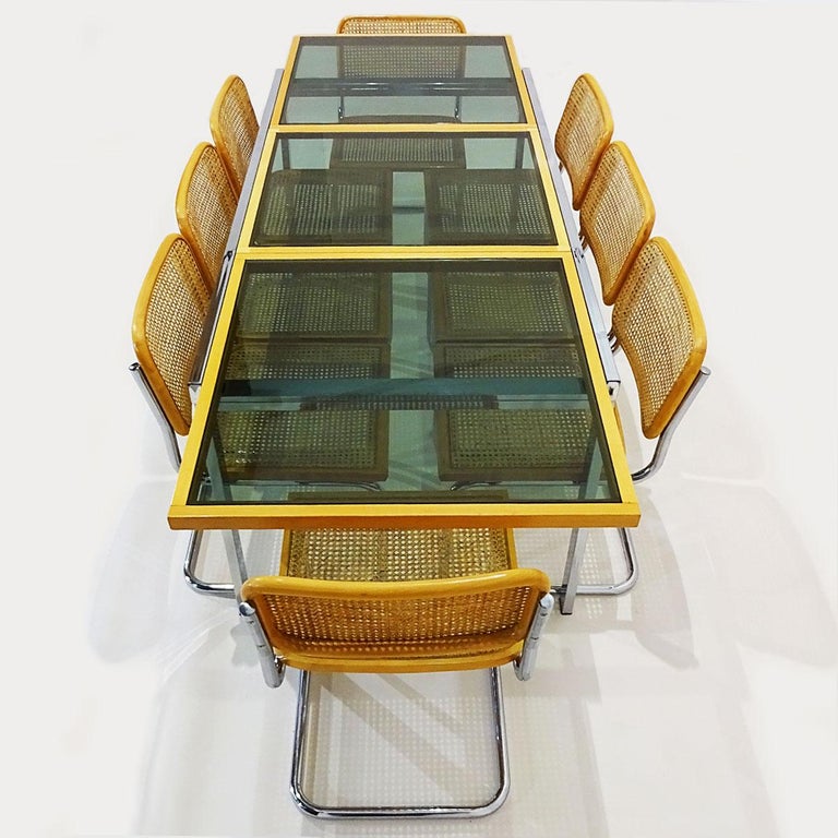 Vintage Italian Cesca Extending Glass, Beech and Chrome Dining Table at ...