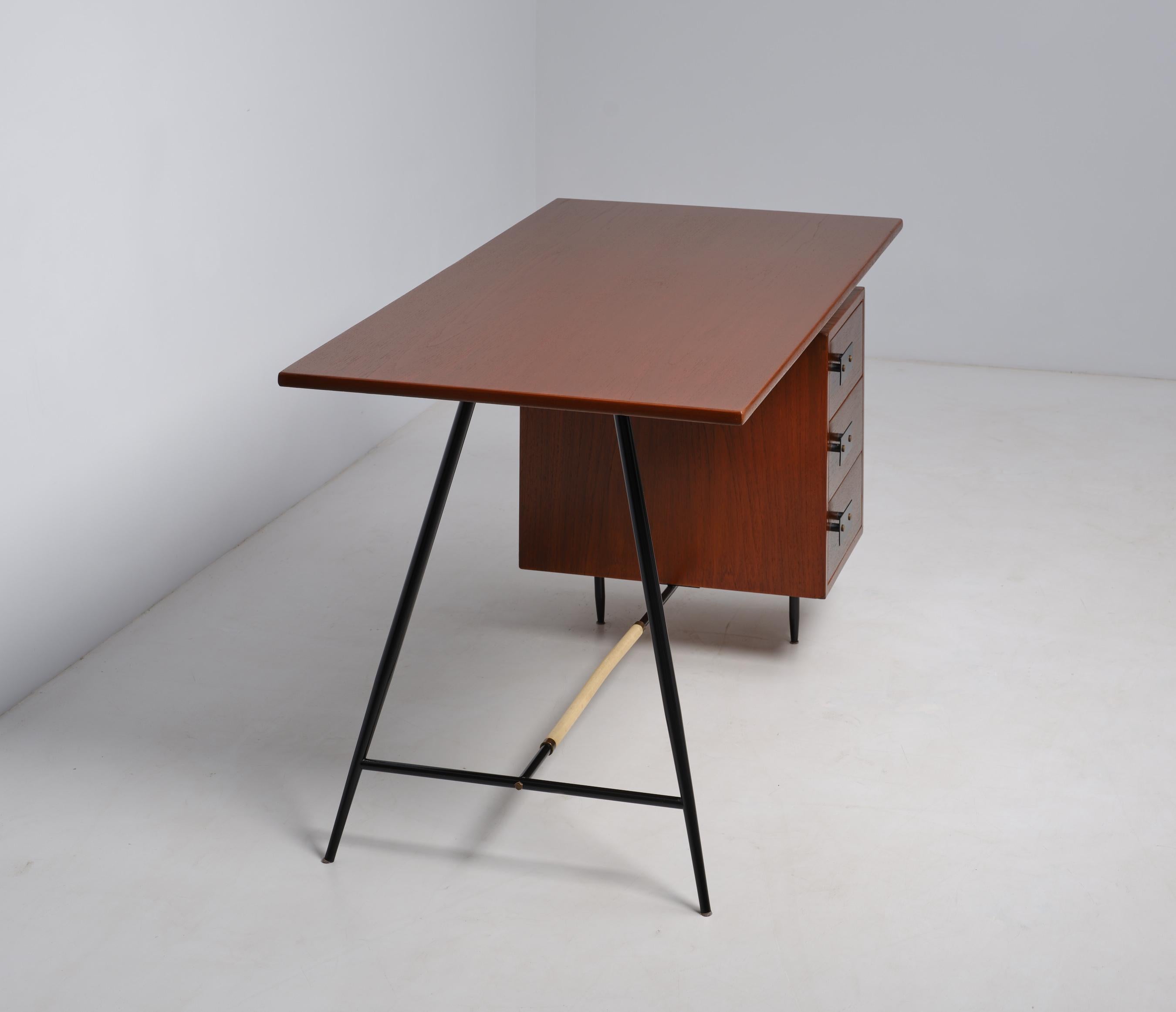 Vintage Italian Desk - 1950s Design with Dark Stained Teak and Brass ...