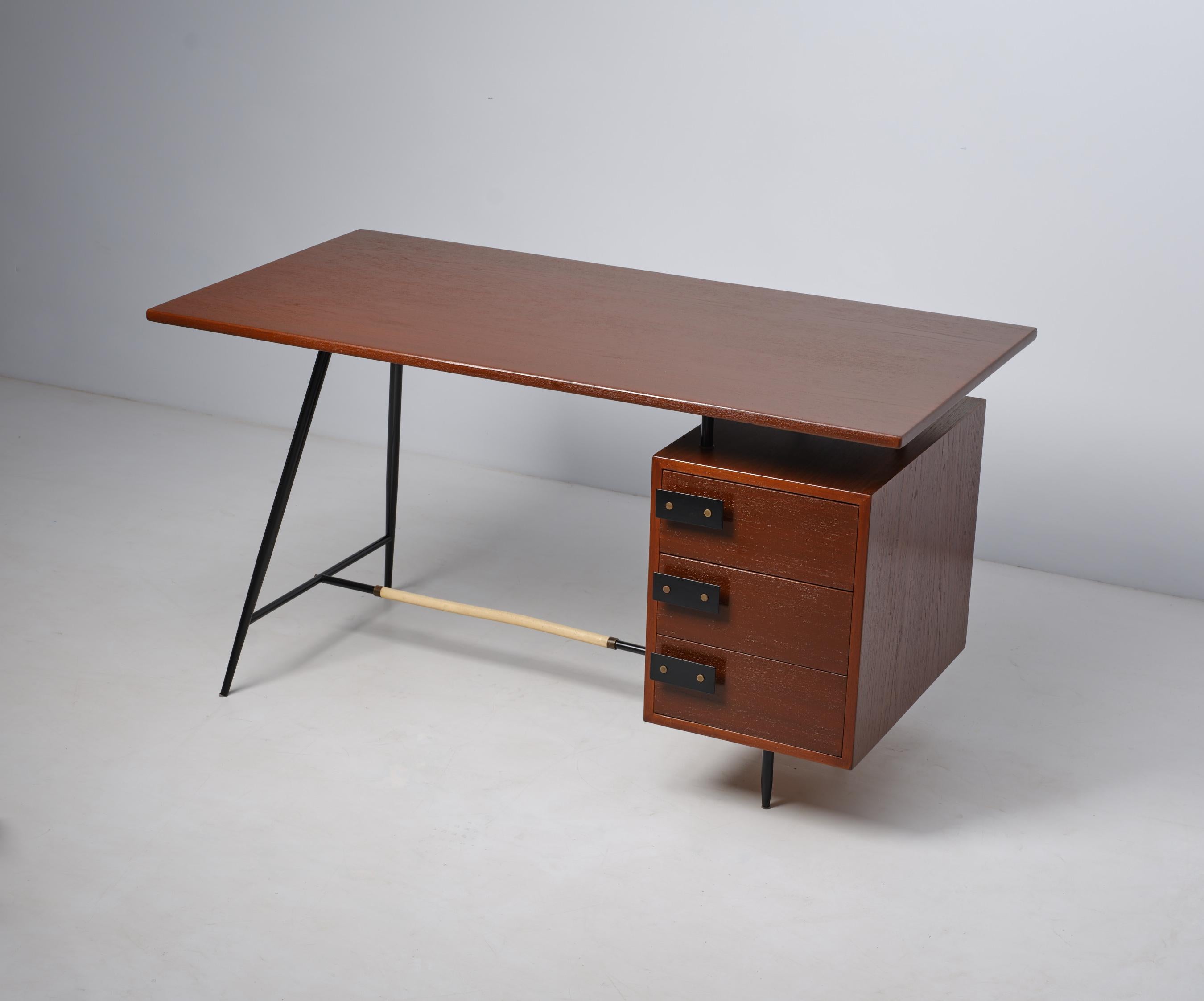 Vintage Italian Desk - 1950s Design with Dark Stained Teak and Brass ...