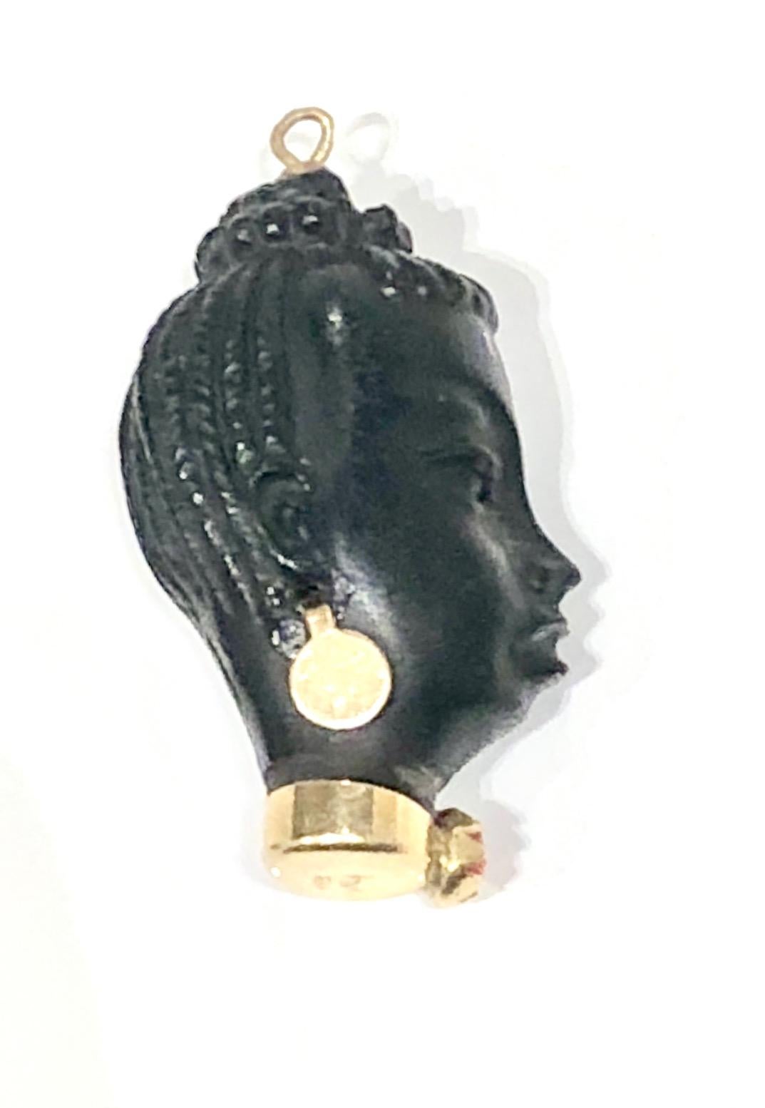 Vintage Italian Ebony Head 18 Karat with Coral Pendant at 1stDibs