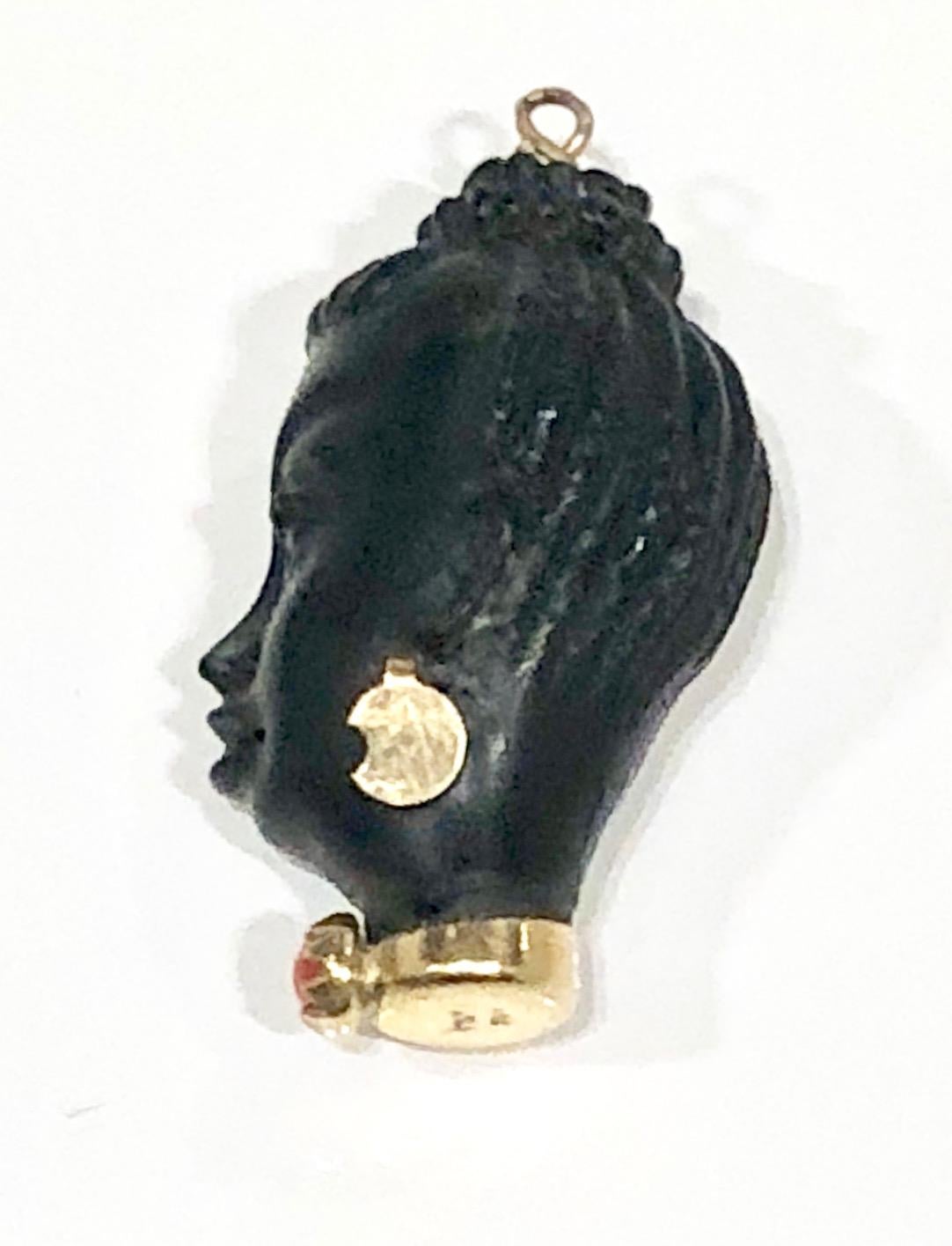Vintage Italian Ebony Head 18 Karat with Coral Pendant at 1stDibs