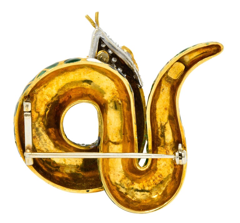 Vintage Italian Enamel Pave Diamond Ruby 18 Karat Gold Snake Brooch For ...