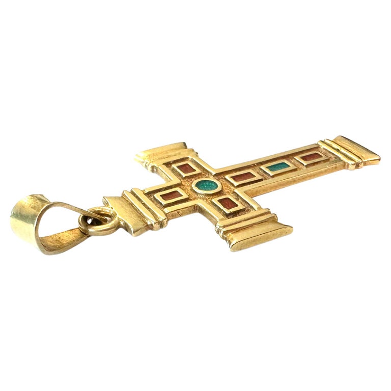 Vintage Italian Enamelled Cross 18kt Yellow Gold For Sale at 1stDibs